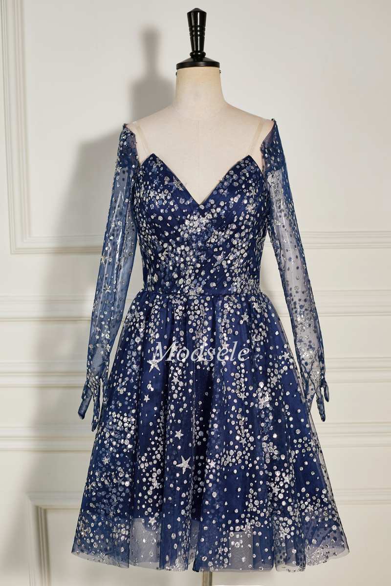 Sequin Tulle Strapless A-Line Homecoming Dress with Detachable Sleeves – Modsele