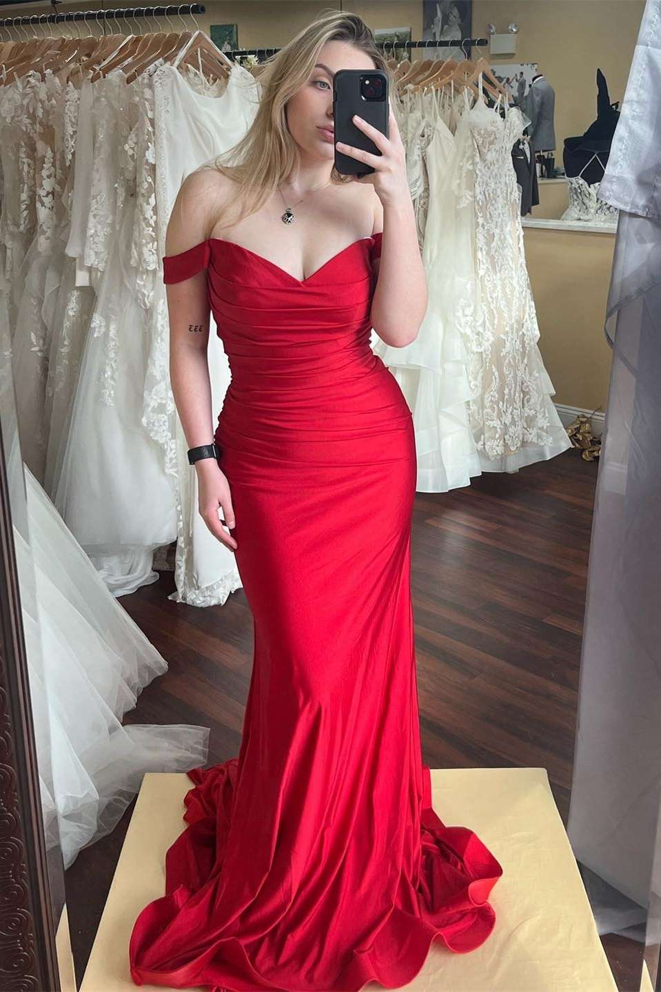 Red Satin Off The Shoulder Mermaid Maxi Dress Modsele