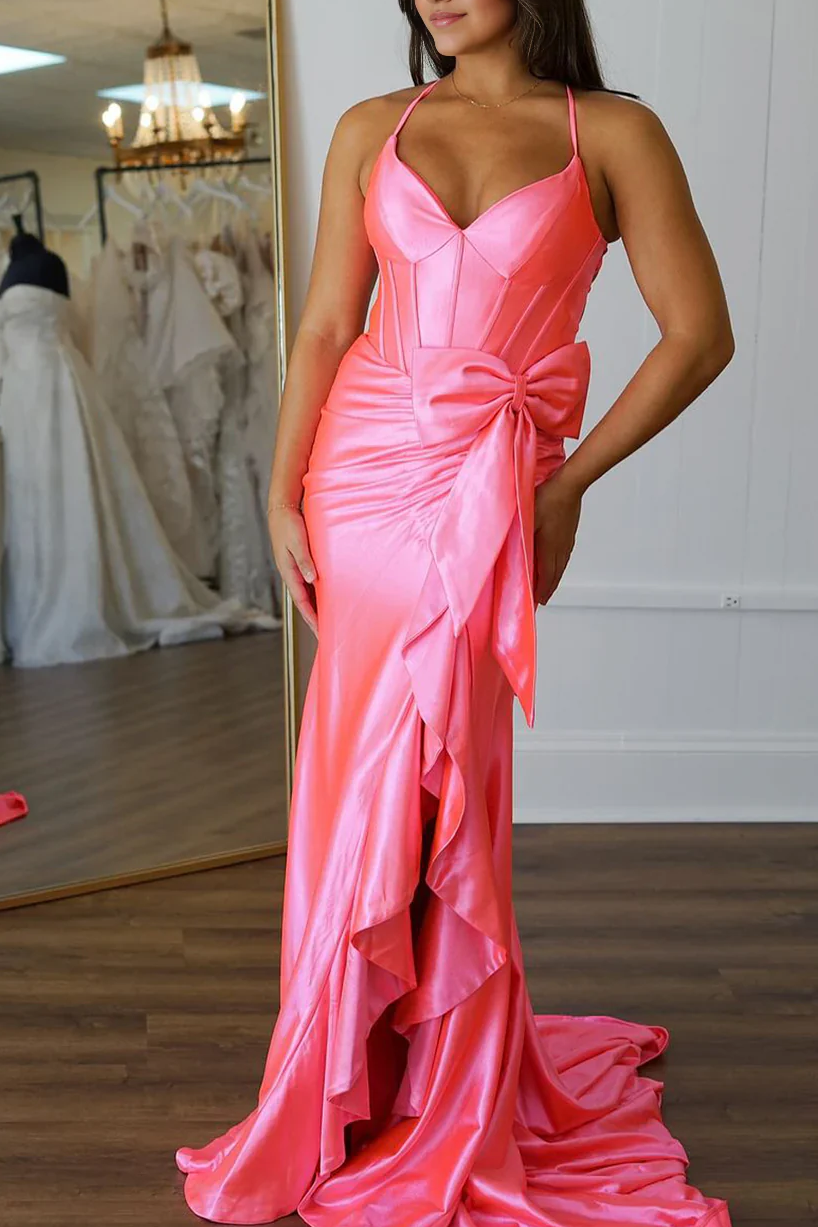 Pink Spaghetti Straps V-Neck Satin Bow Long Prom Dress with Slit – Modsele