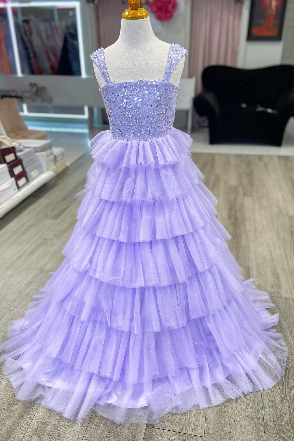 Lavender Straps A-Line Tiered Long Girl Pageant Dress with Ruffles ...