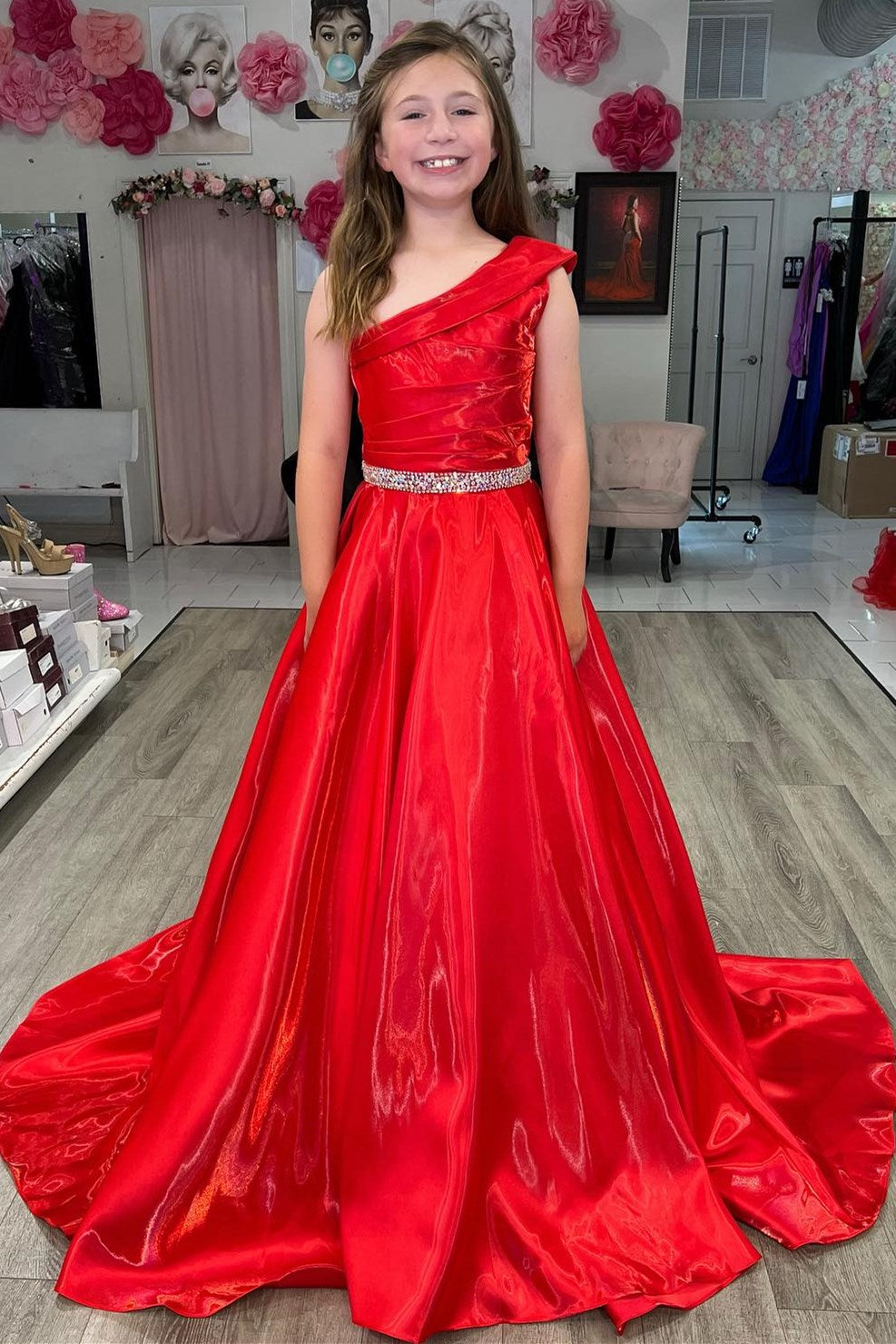 Red One-Shoulder Girl Pageant Dress with Beaded Sash – Modsele