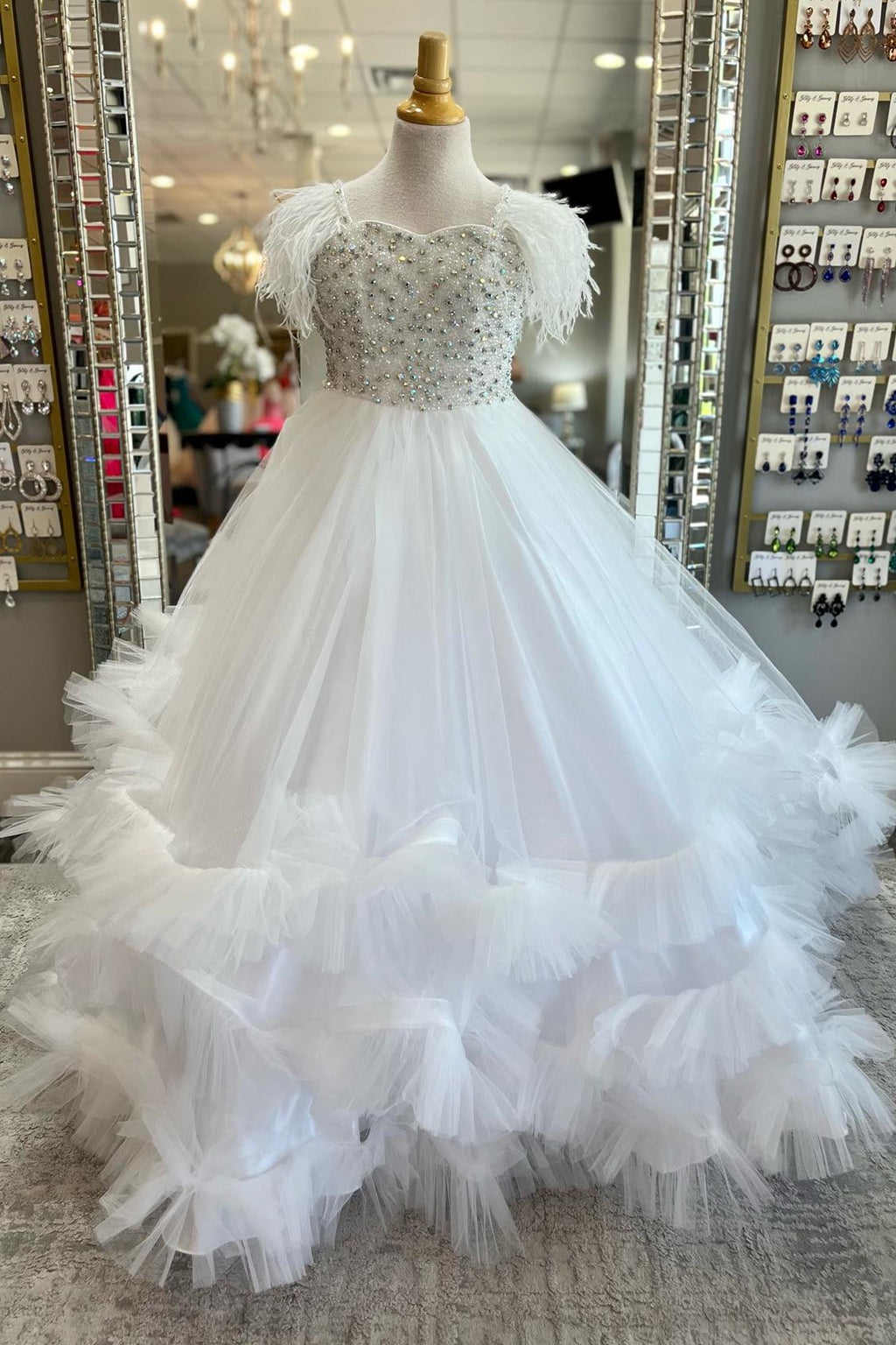 White Beaded A-Line Multi-Layer Girl Pageant Dress with Feathers – Modsele