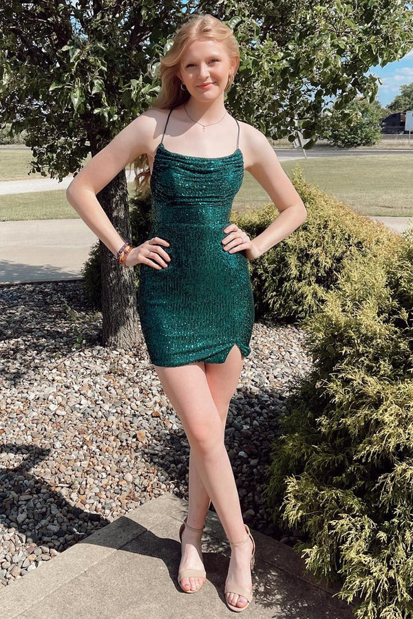 Hunter Green Sequin Lace Up Mini Homecoming Dress Modsele