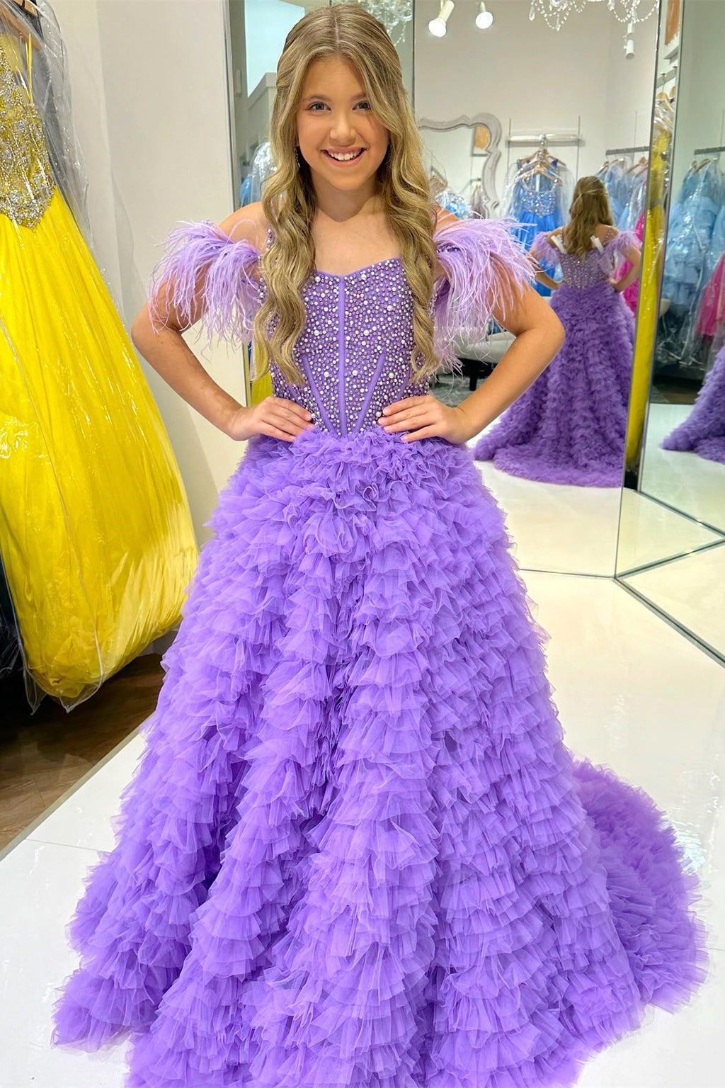 Purple Beaded Cold-Shoulder Ruffle Long Girl Pageant Dress – Modsele