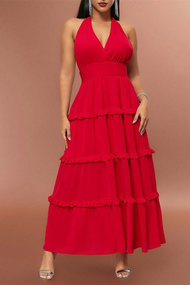 Red Halter High-Waist Ruffle Maxi Dress – Modsele