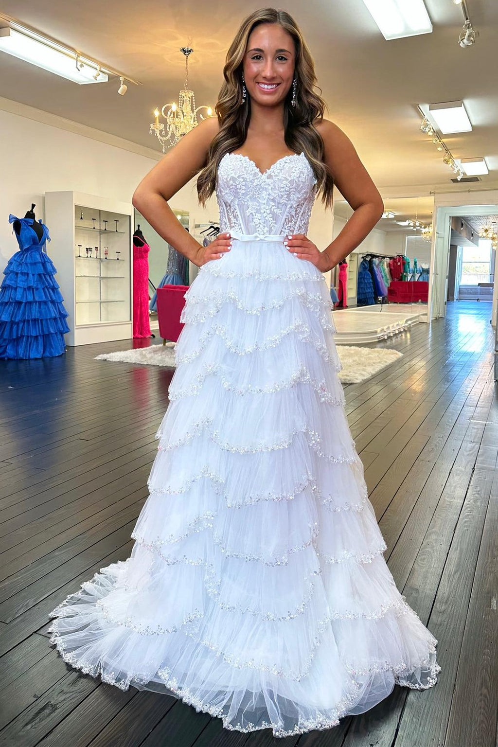White Lace Beaded Ruffle Tiered Long Prom Dress with Slit – Modsele