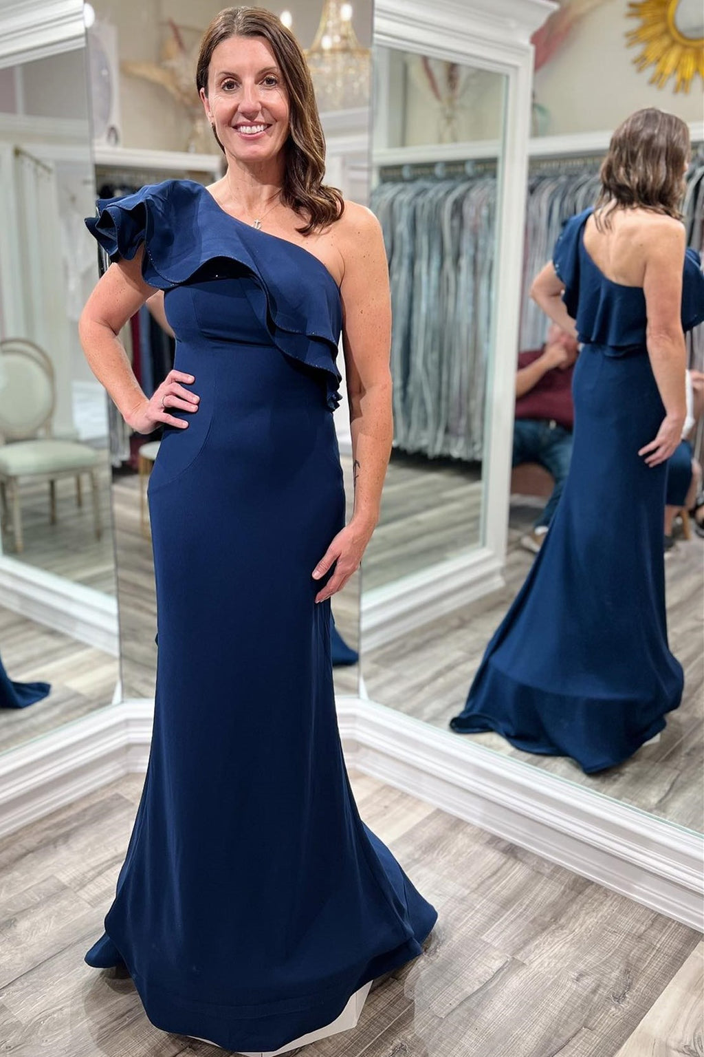 Navy Blue One-Shoulder Ruffle Mermaid Long Formal Dress – Modsele