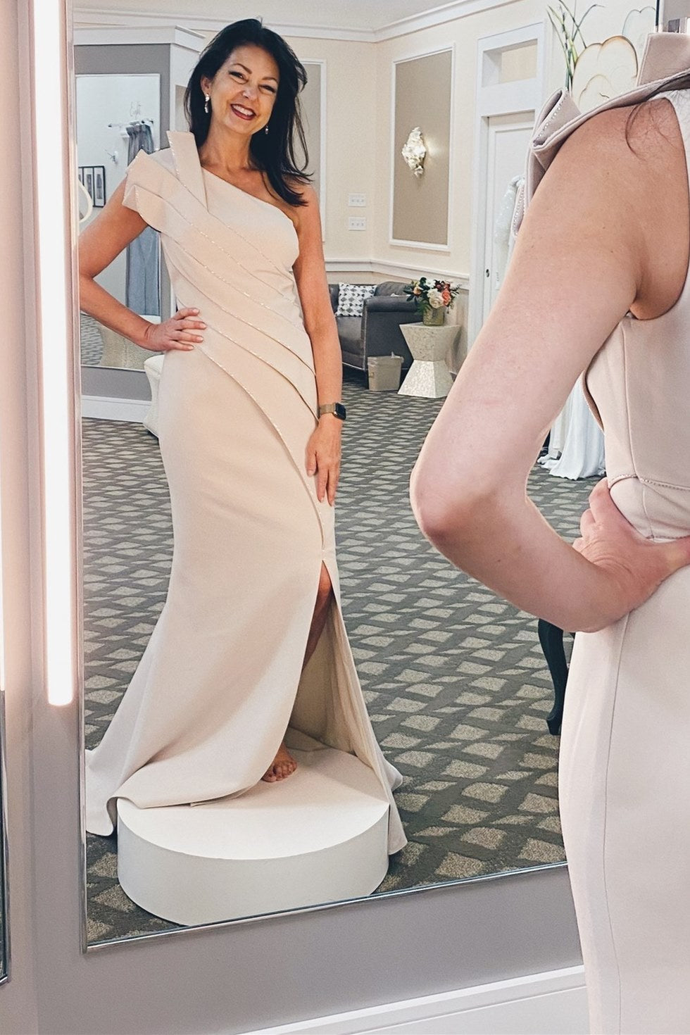 Beige One Shoulder Pleated Long Mother of the Bride Dress with Slit ...