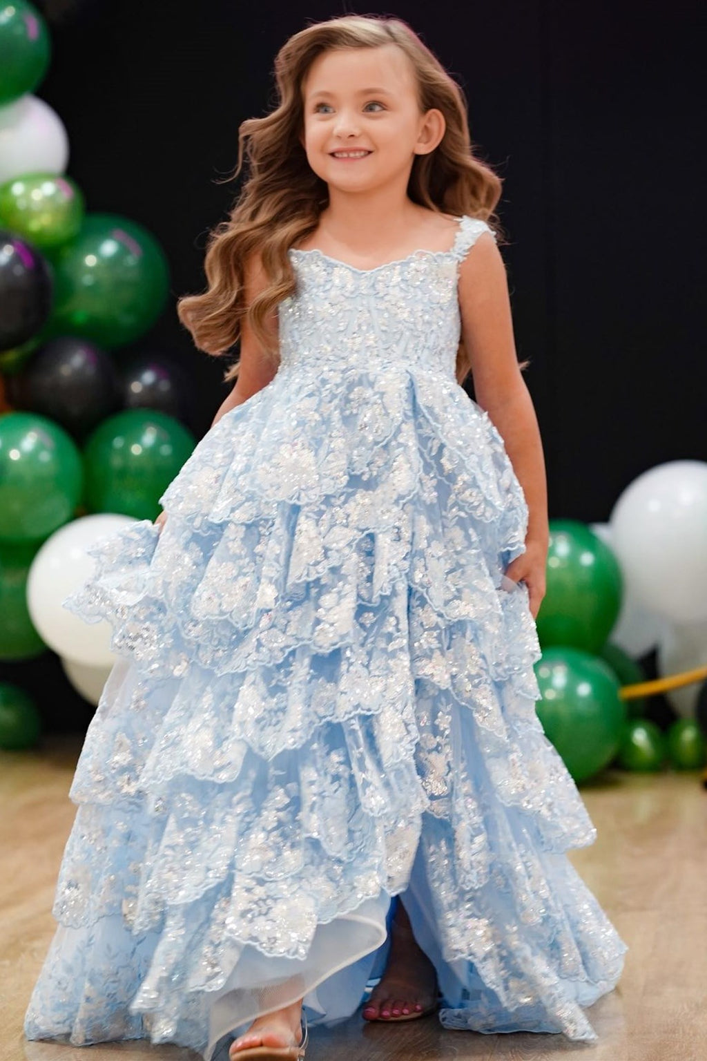 Light Blue Tull Sequin Ruffle Multi-Layer Long Girl Pageant Dress – Modsele