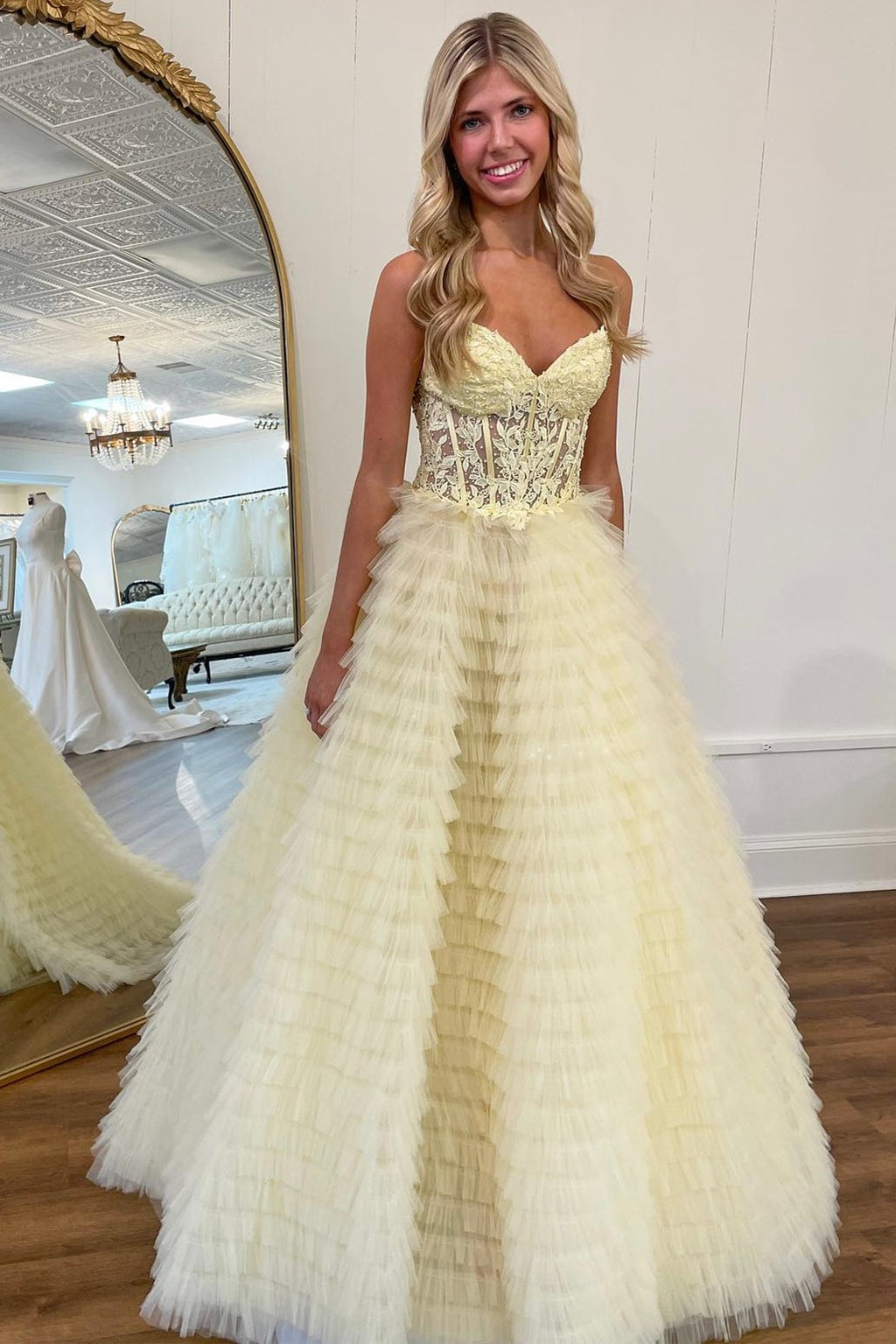 Yellow Appliques Sweetheart Ruffle Tiered A-Line Prom Dress – Modsele