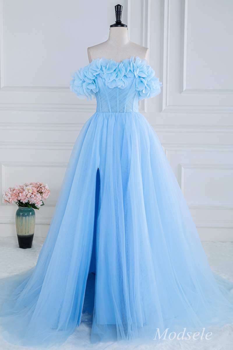 Blue Floral Petal Appliques Off-the-Shoulder A-Line Long Prom Dress ...
