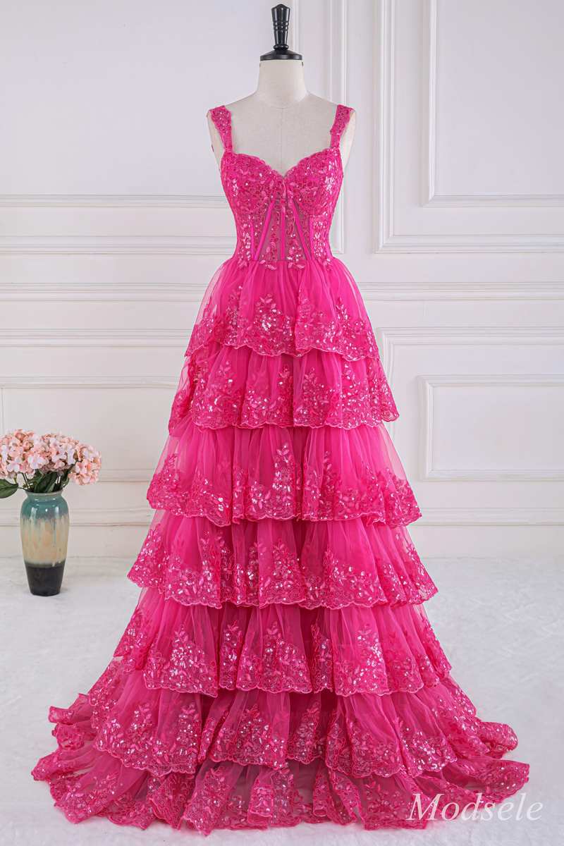Fuchsia Tulle Sequin Sweetheart Ruffle Multi-Layer Ball Gown – Modsele