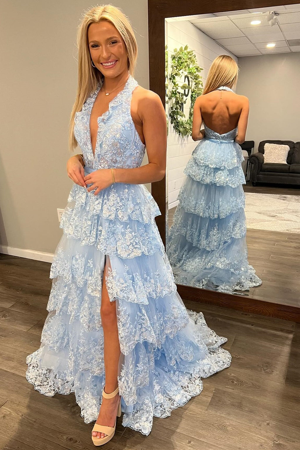 Light Blue Tulle Appliques Halter Ruffle Tiered Long Prom Dress Modsele