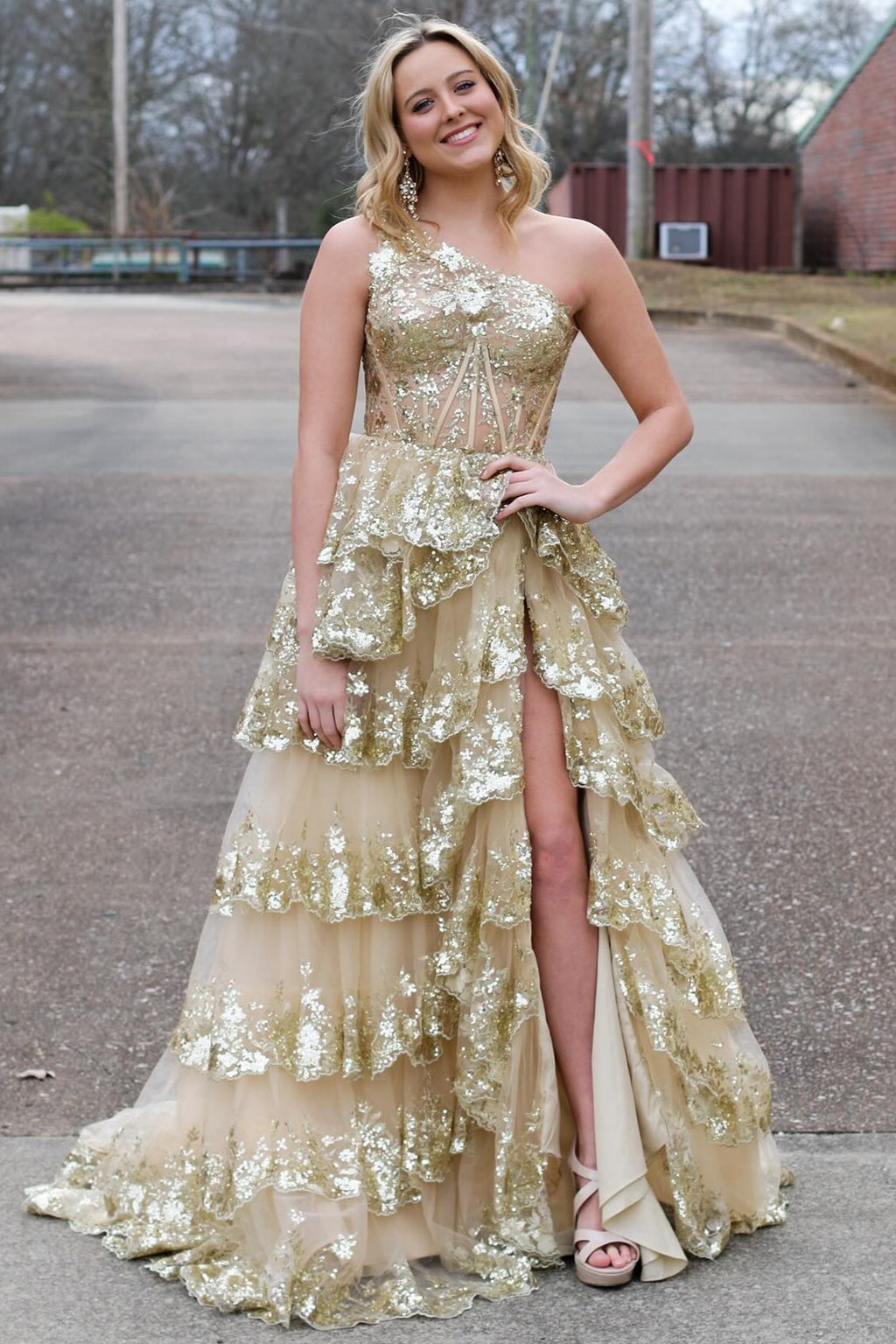 Gold Tulle Sequin One-Shoulder Ruffle Long Prom Dress with Slit – Modsele
