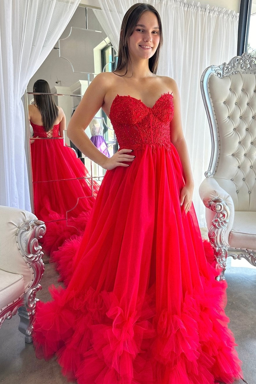 Red Tulle Appliques Sweetheart Ruffle Long Prom Dress – Modsele