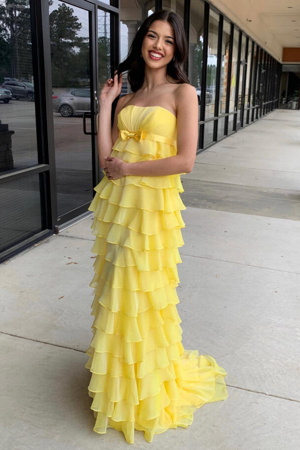 Strapless High-Waist Ruffle Tiered Long Prom Dress with Bow – Modsele