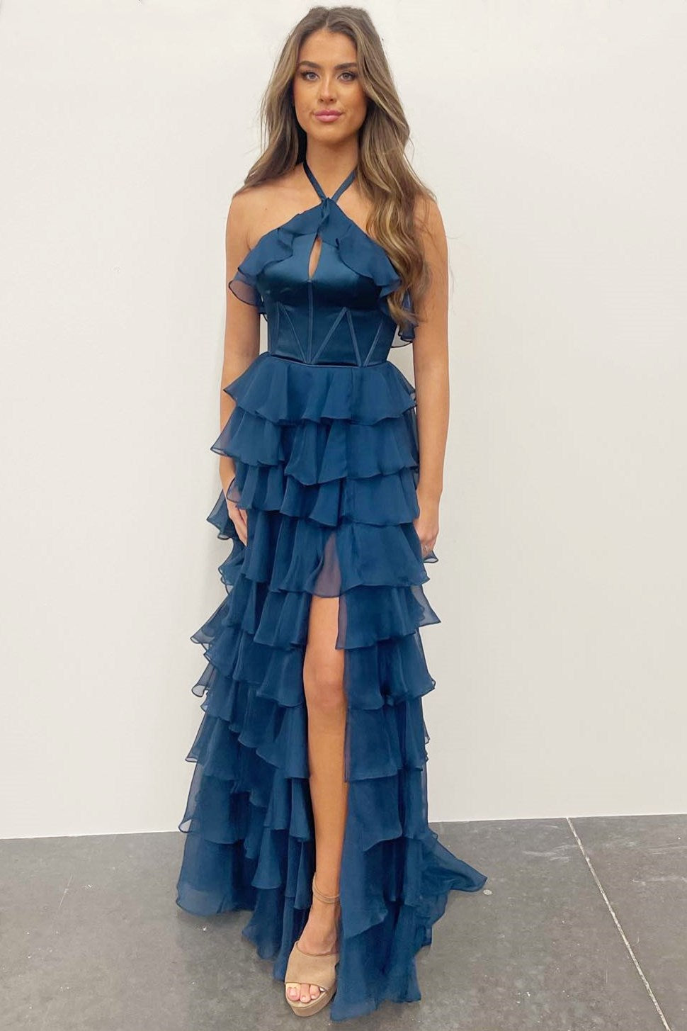 Halter Keyhole Ruffle Tiered Prom Dress with Slit – Modsele
