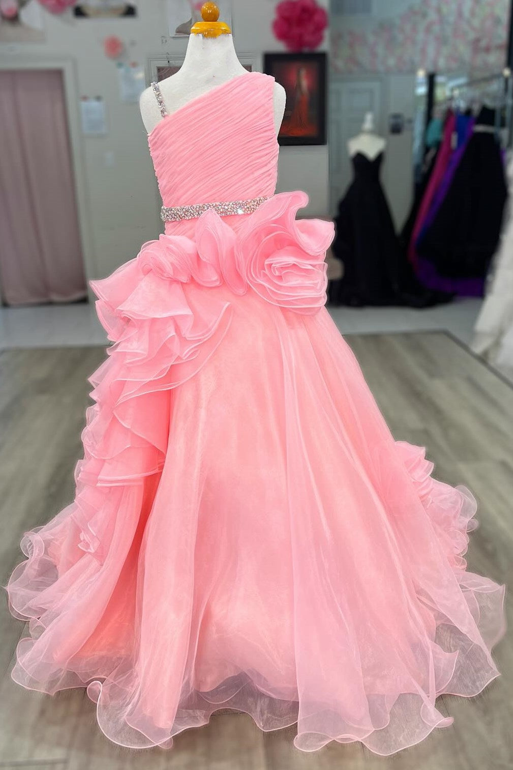 Asymmetrical Beaded Ruffle Long Girl Pageant Dress in Pink – Modsele