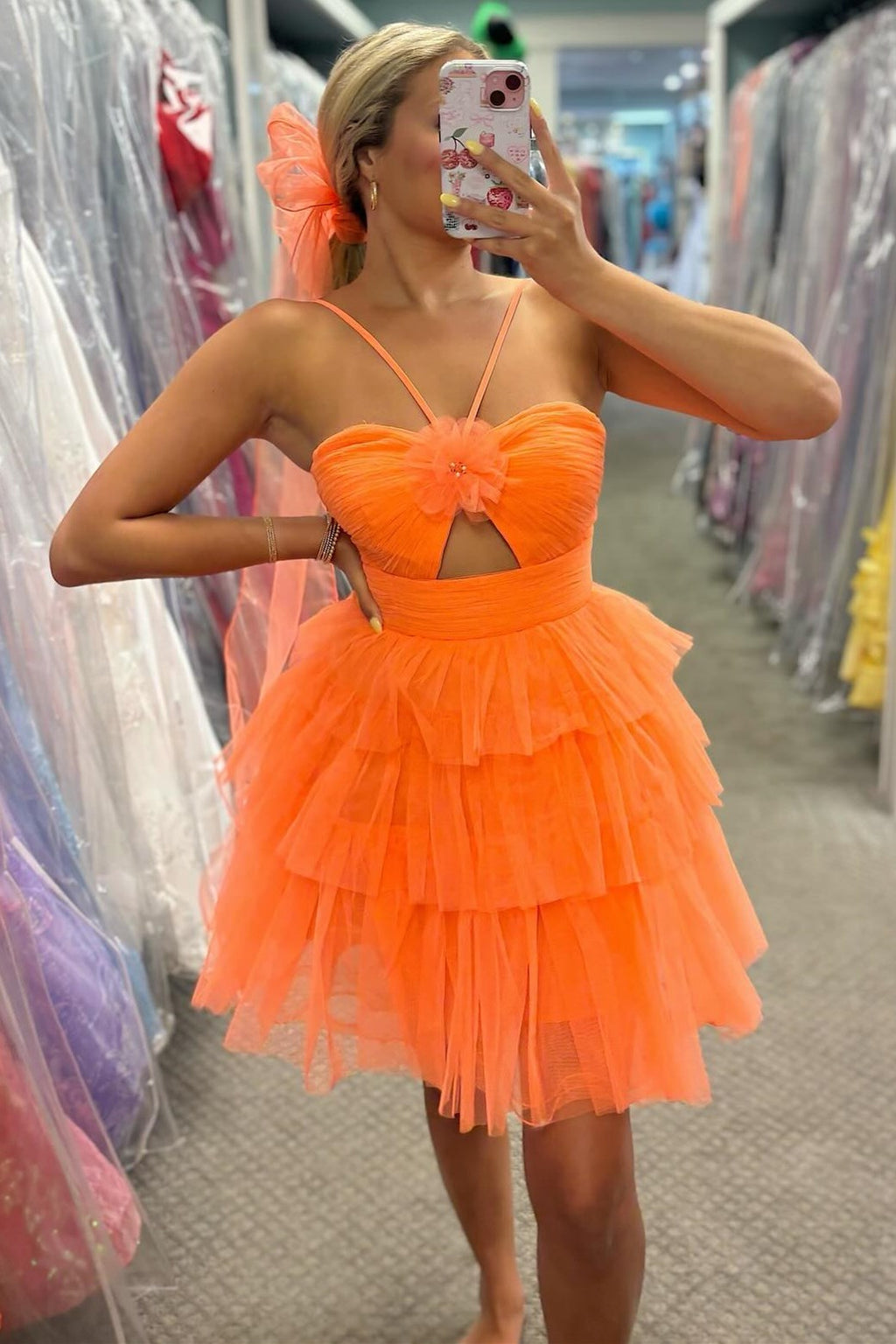 Orange Cutout Ruffle Tiered Homecoming Dress with Rosette – Modsele