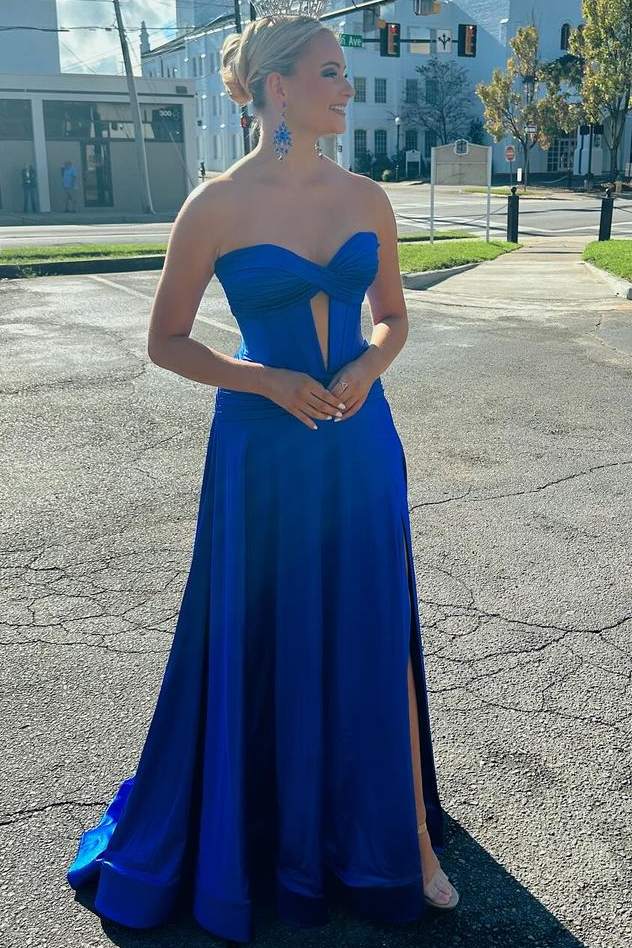 Strapless A-Line Empire-Waist Satin Pleated Keyhole Prom Formal Dress ...