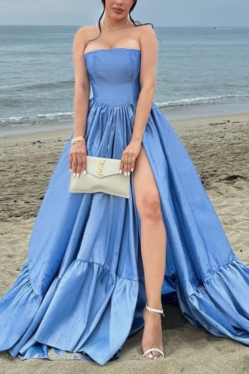 A-Line Strapless Scoop Neck Pleated Satin High Slit Formal Prom Dress ...