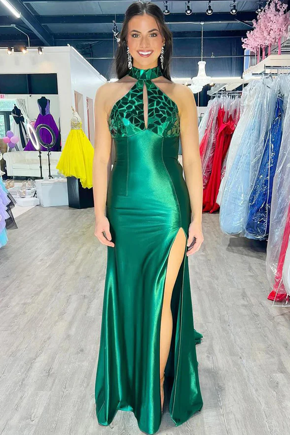 Green High Neck Mirror-Cut Sequins Mermaid Prom Dress with Slit – Modsele