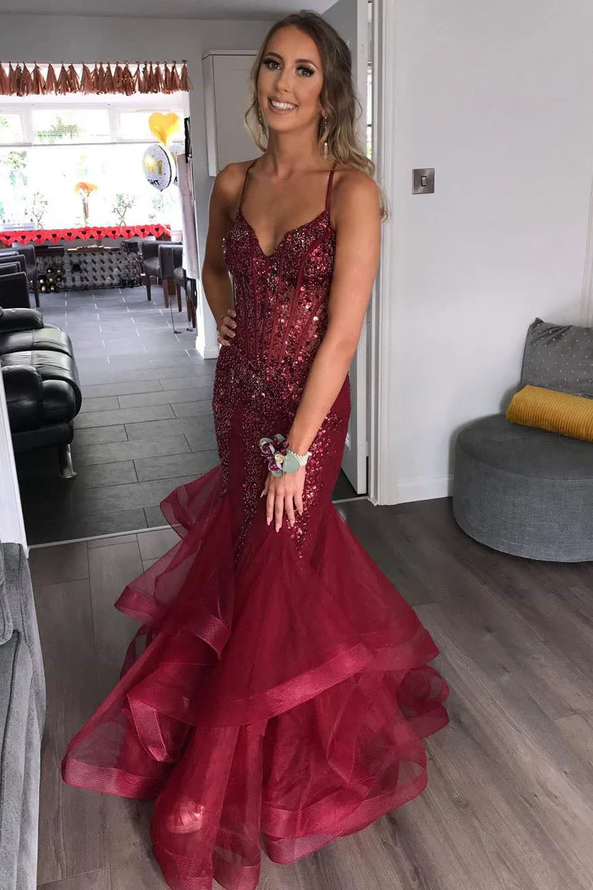 Burgundy Trumpet V-Neck Straps Appliques Multi-Tiered Prom Dress – Modsele