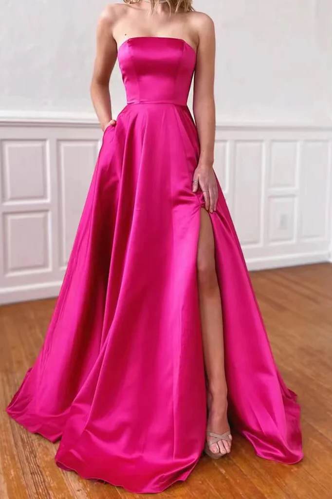 Strapless A-Line Satin Empire-Waist Long Prom Dress with Slit – Modsele