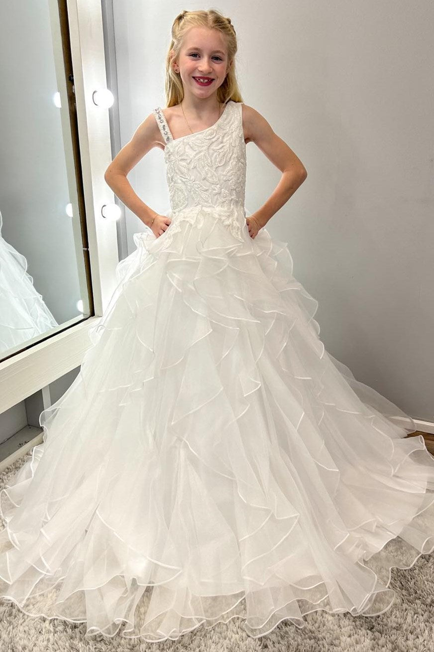 Asymmetrical White Glitter Appliques Multi-Layer Girl Pageant Dress ...