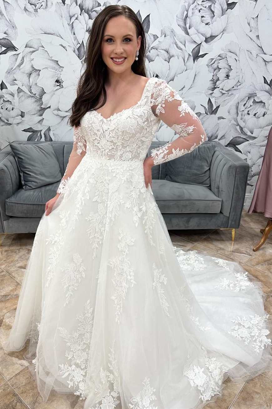 White Lace Tulle Queen Anne Neck Long Sleeve Bridal Gown – Modsele