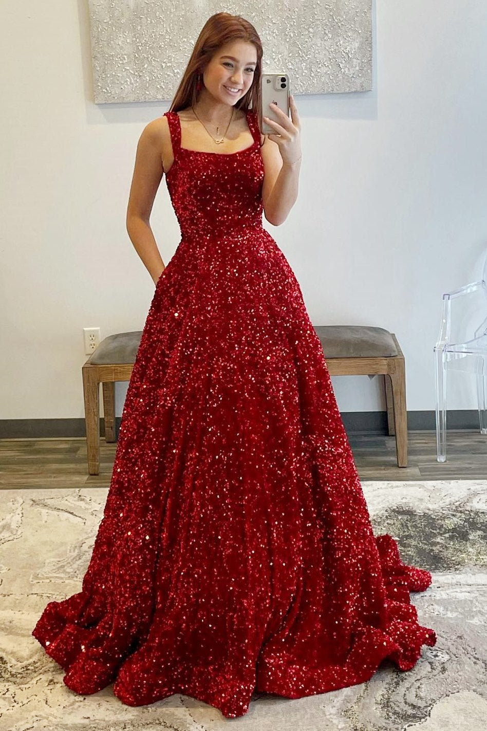 Red Sequin Square Neck Open Back Ball Gown – Modsele