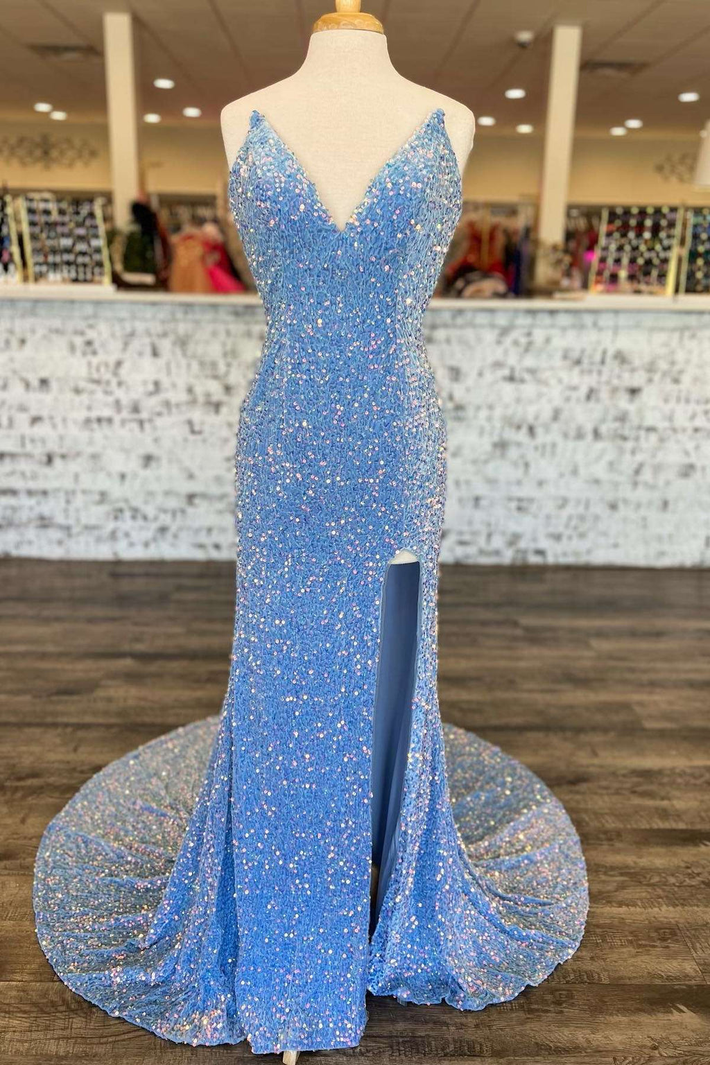 Blue Iridescent Sequin Strapless Mermaid Formal Dress with Slit – Modsele