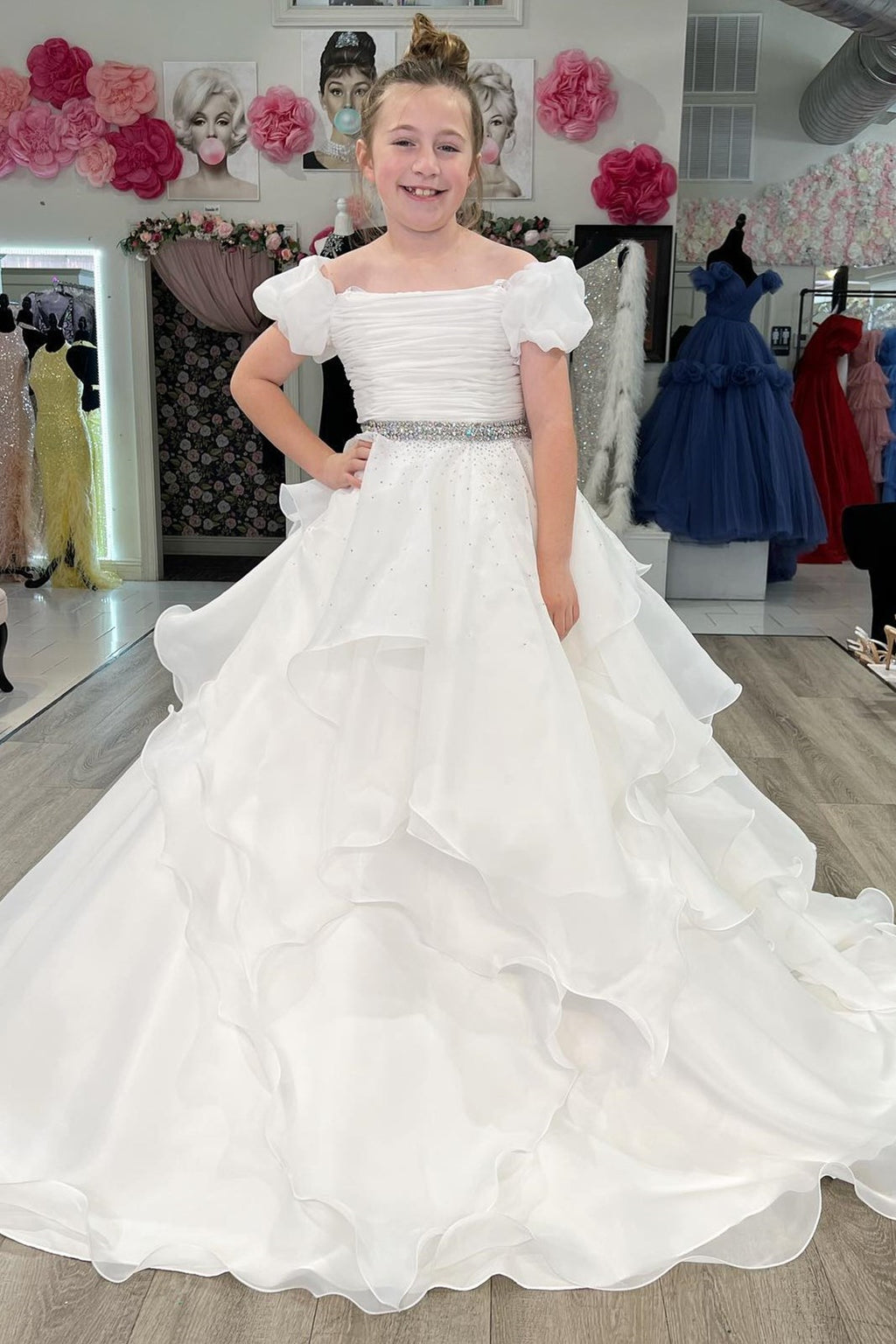 Cinderella Blue Multi-Layer Girl Pageant Dress with Puff Sleeves – Modsele