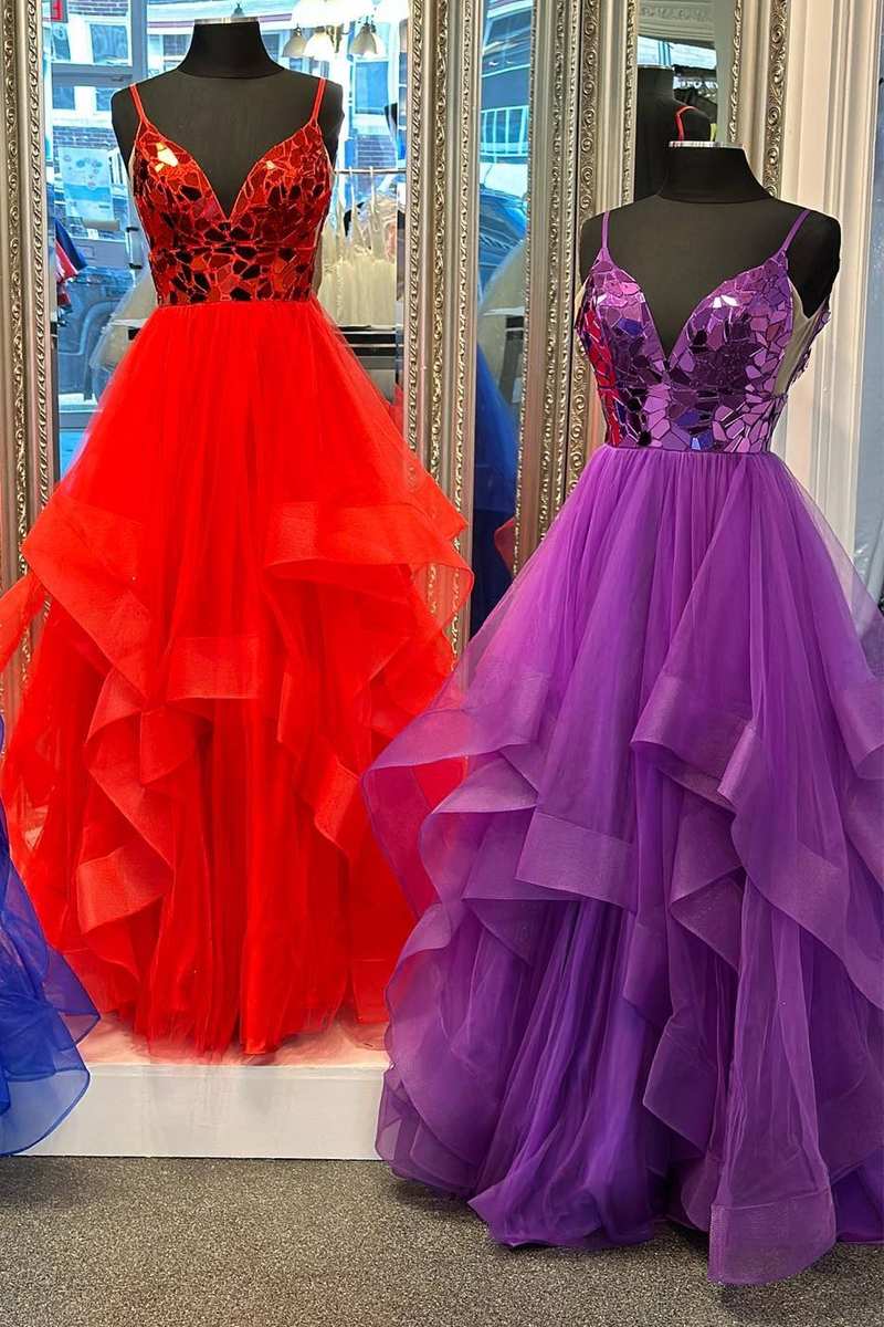 Cut Glass Mirror V-Neck Layers A-Line Long Prom Dress – Modsele