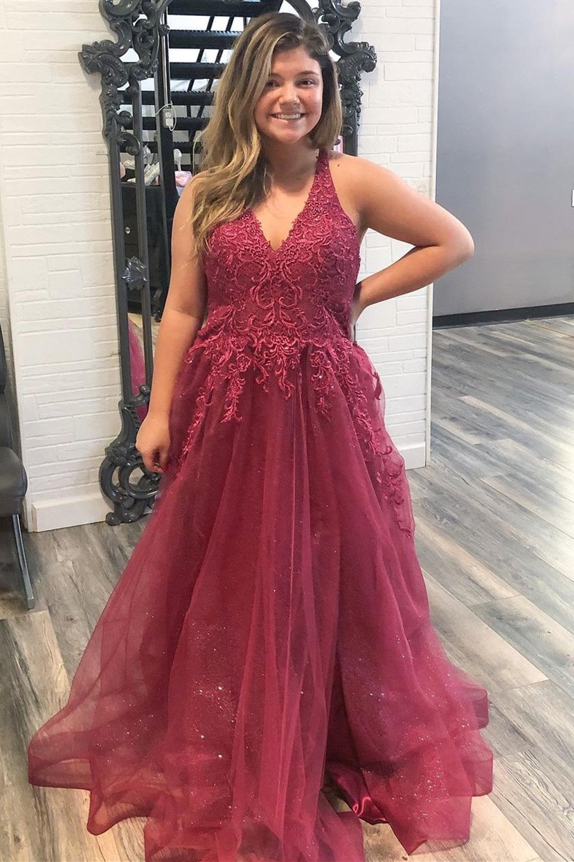 Raspberry Lace Embroidered Sleeveless A-Line Prom Dress – Modsele