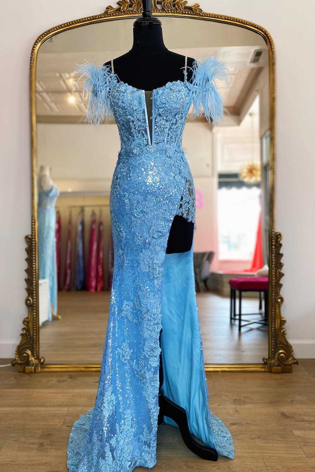 Blue Sequin Appliques Cold-Shoulder Long Prom Gown with Slit – Modsele